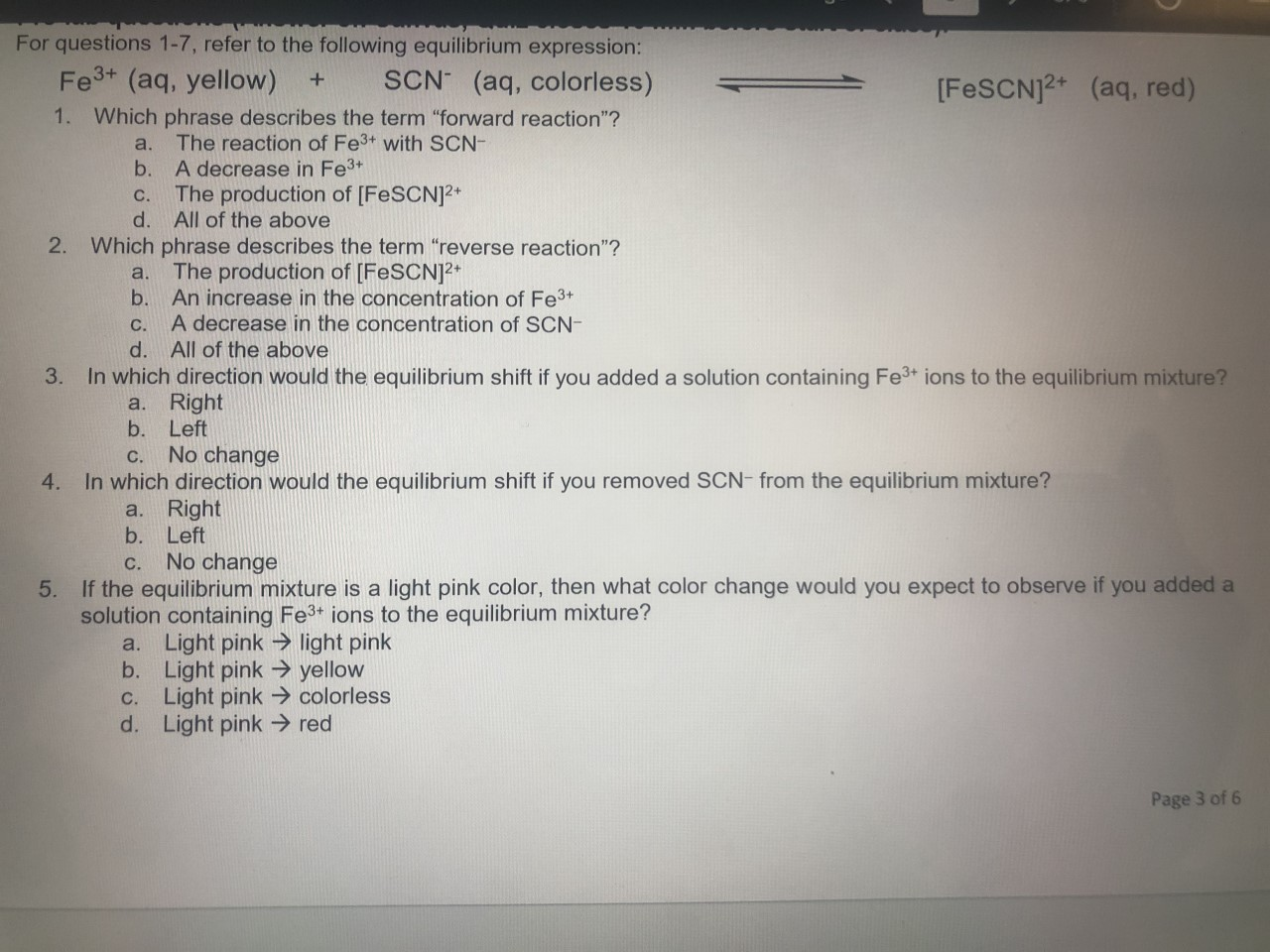 Solved [FeSCN]2+ (aq, red) For questions 1-7, refer to the | Chegg.com