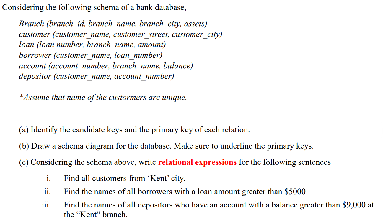 Solved Considering the following schema of a bank database, | Chegg.com