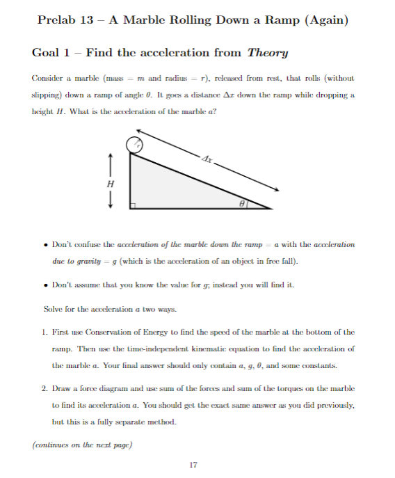 Solved Prelab 13 - A Marble Rolling Down a Ramp (Again) Goal | Chegg.com