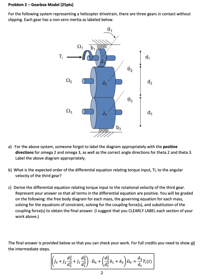 Problem 2 - Gearbox Model (25pts) For the following | Chegg.com