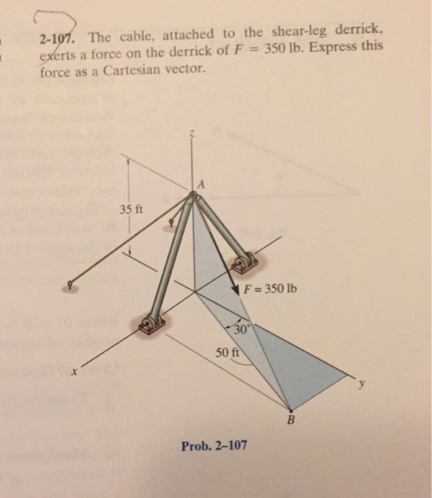 Solved 2-107. The cable, attached to the shear-leg derrick, | Chegg.com