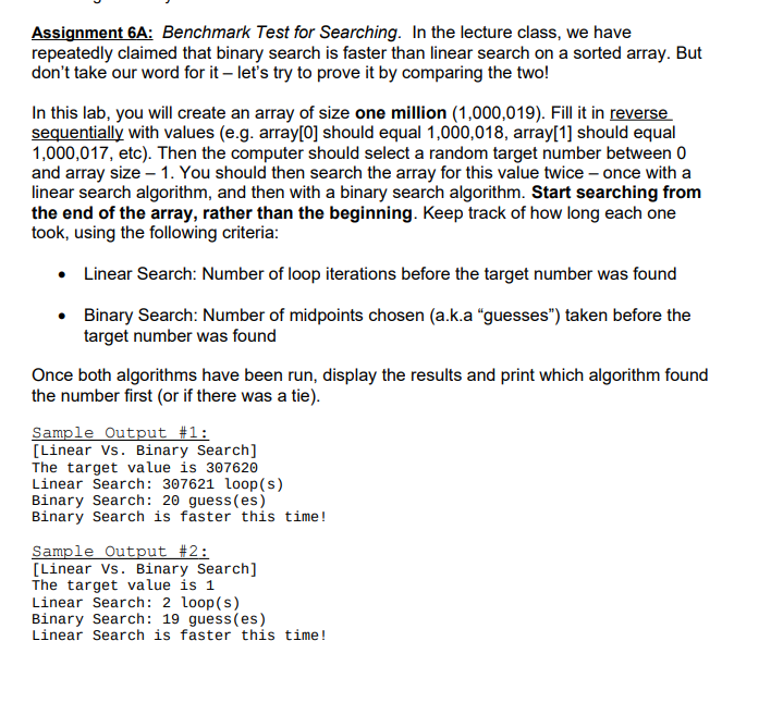 Solved Assignment 6A: Benchmark Test for Searching. In the | Chegg.com