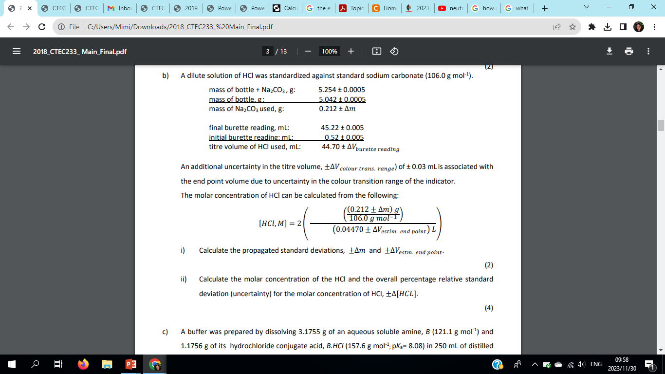 b) ﻿A dilute solution of HCl ﻿was standardized | Chegg.com