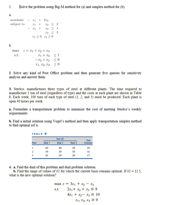Solved 1. Solve the problem using Big-M method for (a) and | Chegg.com