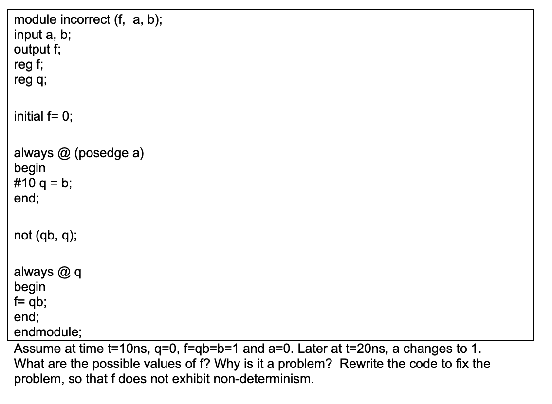 Solved module incorrect (f, a, b); input a, b; output f; reg | Chegg.com