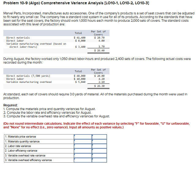 Solved Problem 10-9 (Algo) Comprehenslve Varlance Analysis | Chegg.com Solved Problem 10-9 (Algo) Comprehenslve Varlance Analysis | Chegg.com