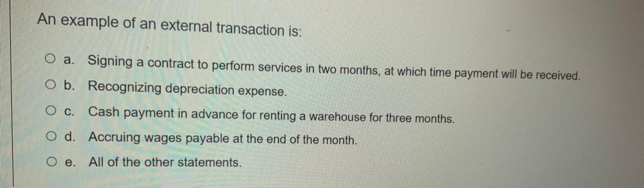 Solved An example of an external transaction is: O a. | Chegg.com