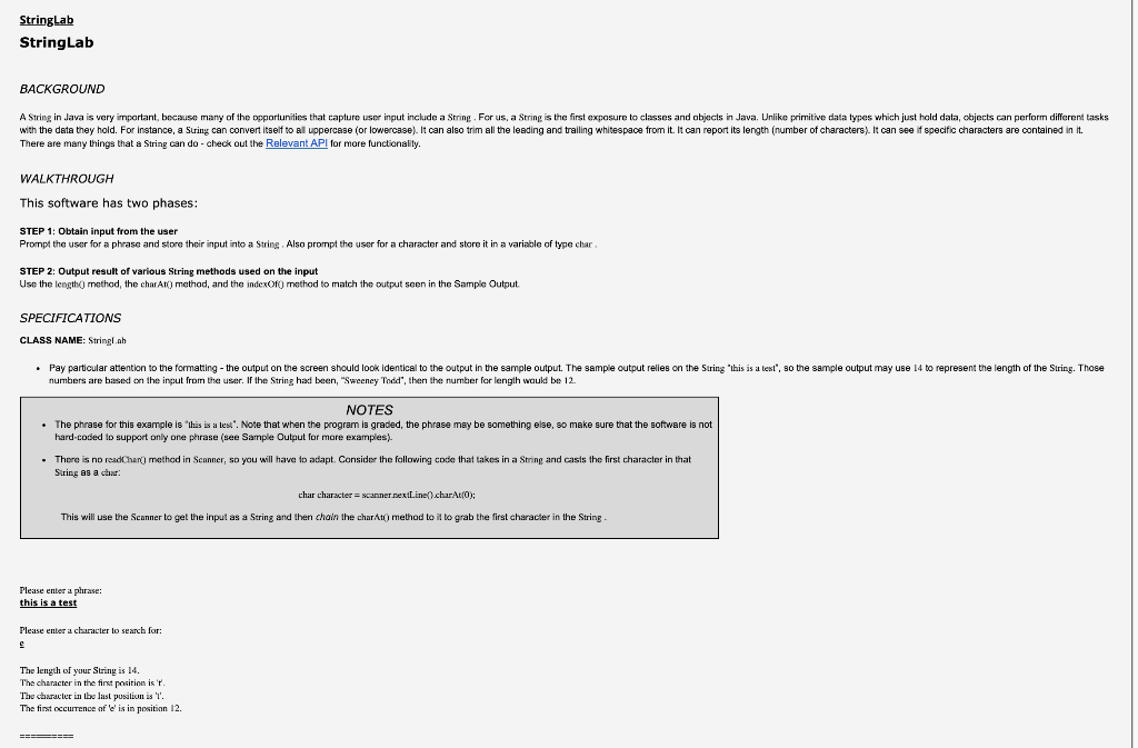Solved StringLab StringLab BACKGROUND A String in Java is | Chegg.com