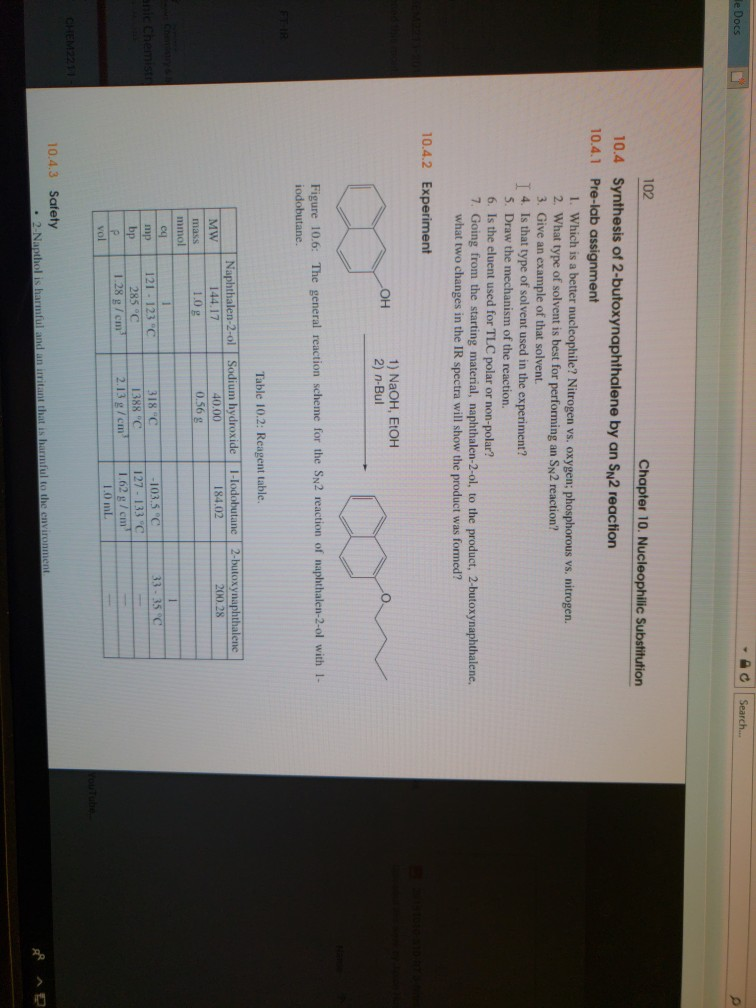 Solved 102 Synthesis of 2-butoxynaphthalene by an Sy2 | Chegg.com