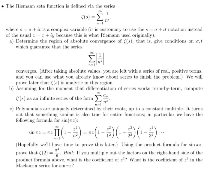 Solved The Riemann zeta function is defined via the series | Chegg.com
