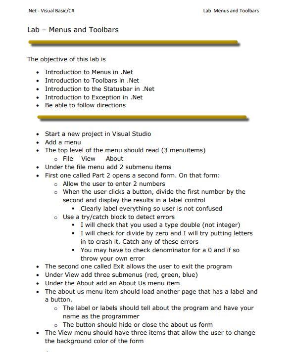 Solved .Net - Visual Basic/C# Lab Menus and Toolbars Lab - | Chegg.com
