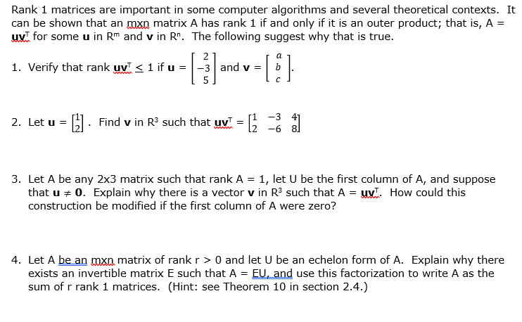 Solved Rank 1 matrices are important in some computer | Chegg.com