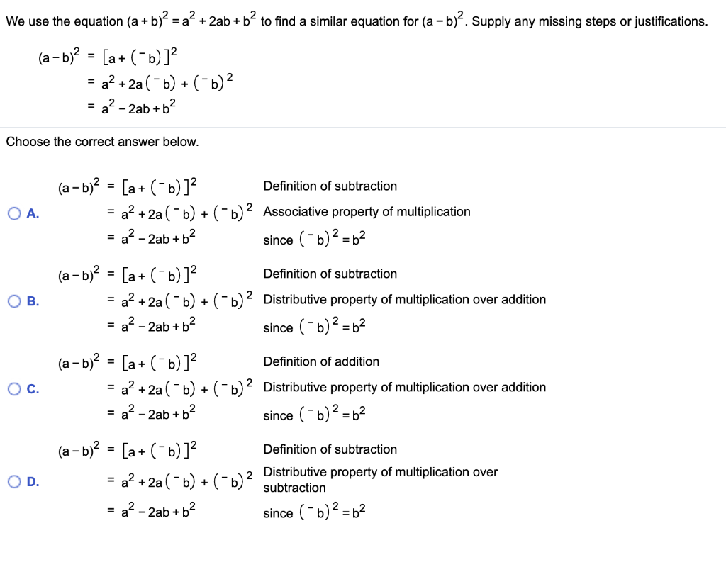 Solved We use the equation (a + b)2 = a + 2ab + b2 to find a | Chegg.com