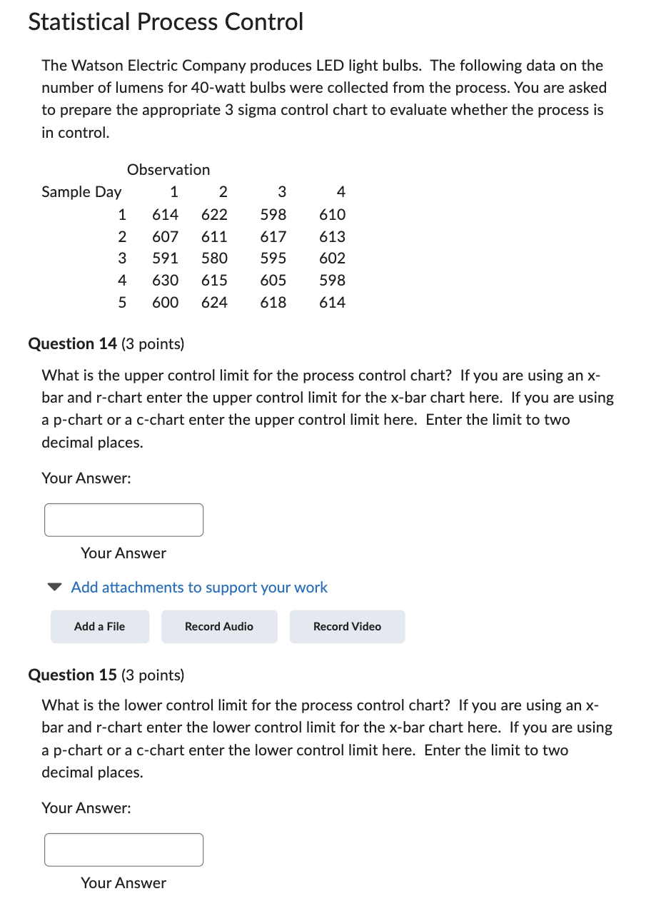 Solved Statistical Process Control The Watson Electric | Chegg.com