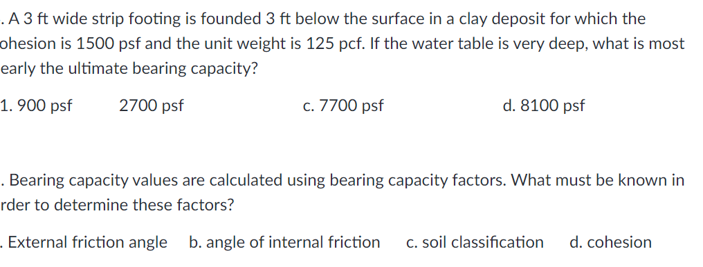 Solved A 3ft wide strip footing is founded 3ft below the | Chegg.com