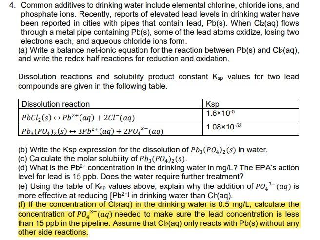 Solved Common additives to drinking water include elemental | Chegg.com
