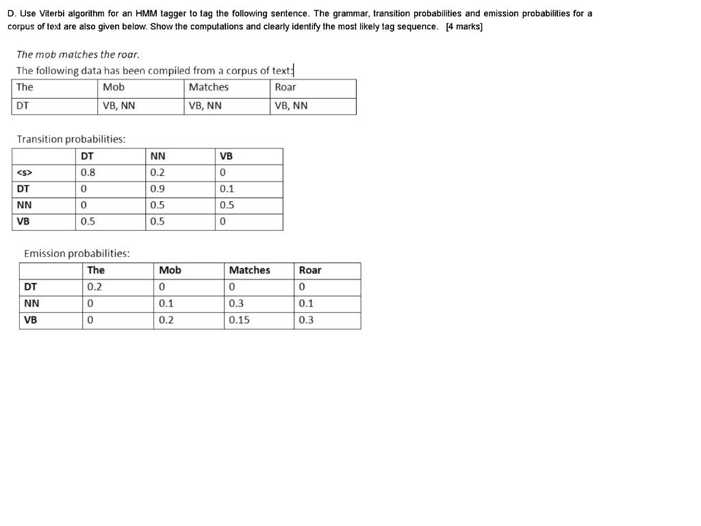 D. Use Viterbi algorithm for an HMM tagger to tag the | Chegg.com