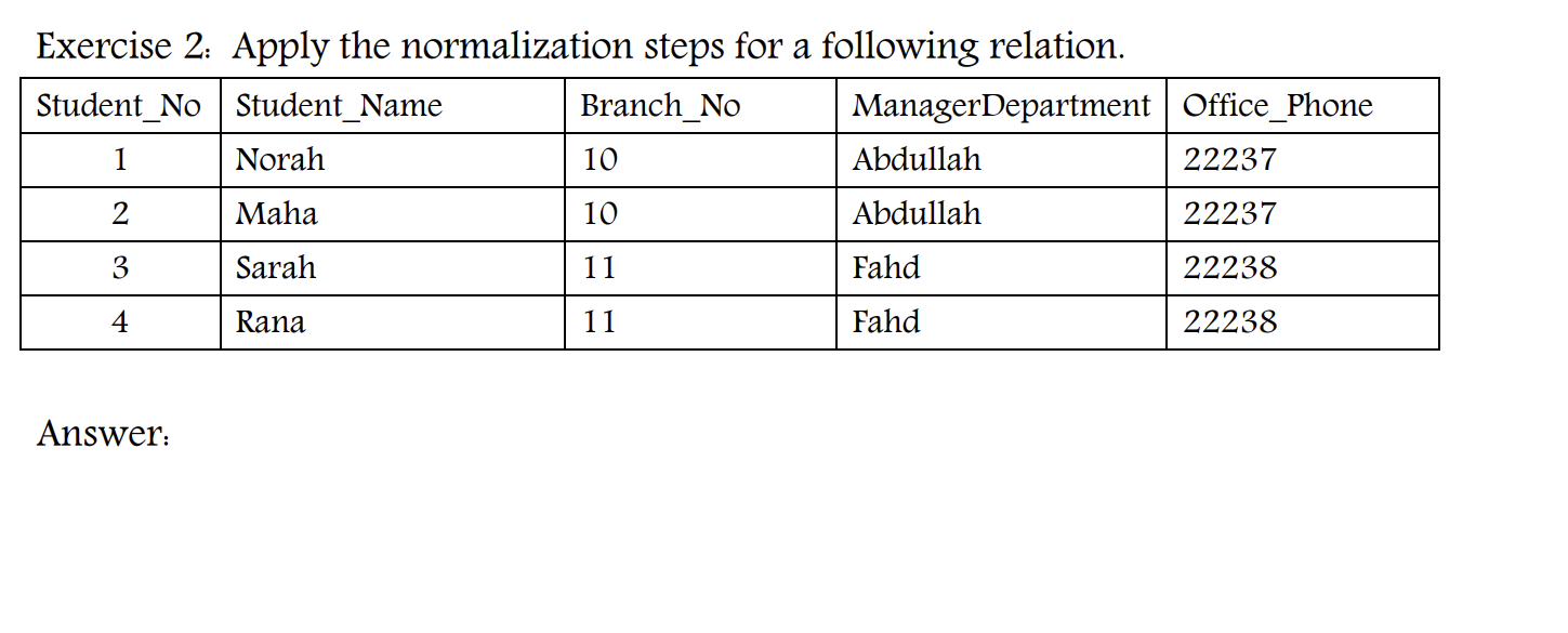 Solved Exercise 1: Normalize following unnormalized | Chegg.com