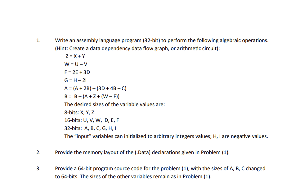 Solved 1. Write an assembly language program (32-bit) to | Chegg.com