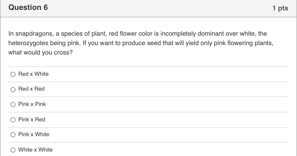 Solved Question 6 1 pts In snapdragons, a species of plant, | Chegg.com
