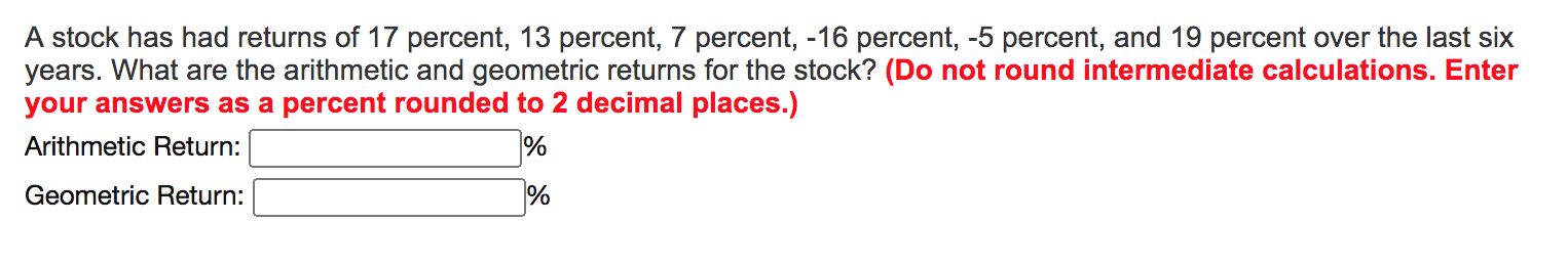 Solved A stock has had returns of 17 percent, 13 percent, 7 | Chegg.com