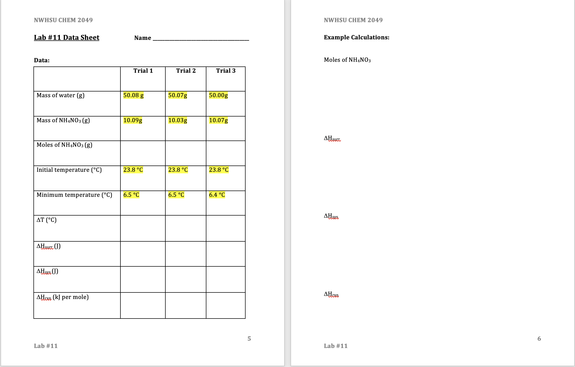 Solved \r\n\r\nNWHSU CHEM 2049 Lab \\#11 Data Sheet Name | Chegg.com
