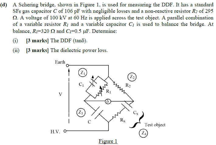 Solved (d) A Schering bridge, shown in Figure 1, is used for | Chegg.com