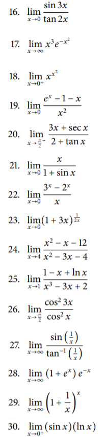 Solved sin 3x 16. lim x+0 tan 2x 17. lim x'e-x? x+00 18. lim | Chegg.com