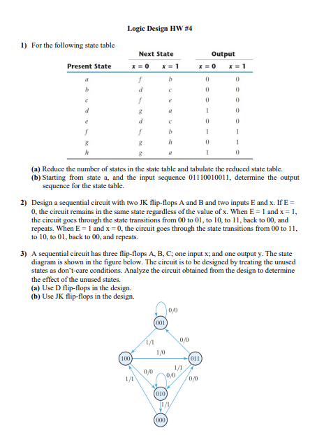 Solved Logic Design HW #4For the following state table(a) | Chegg.com