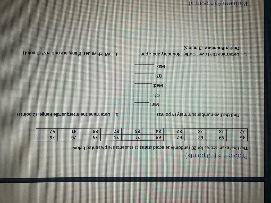 Solved Problem 3 (10 points) The final exam scores for 20 | Chegg.com
