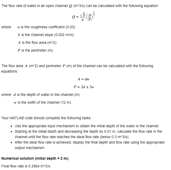Solved The flow rate of water in an open channel Q (m^3/s) | Chegg.com