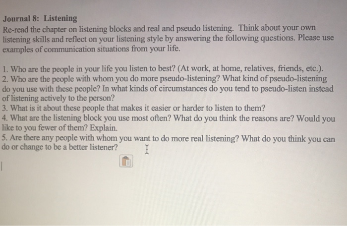 Solved Journal 8: Listening Re-read the chapter on listening | Chegg.com
