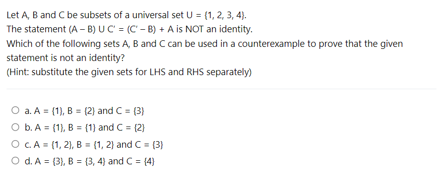 Solved Let A,B and C be subsets of a universal set | Chegg.com