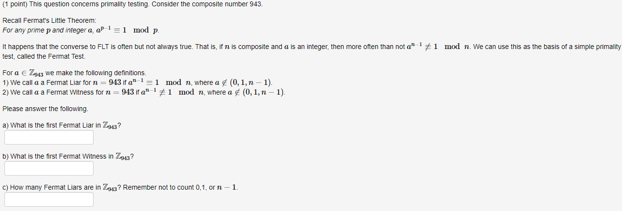(1 point) This question concerns primality testing. | Chegg.com