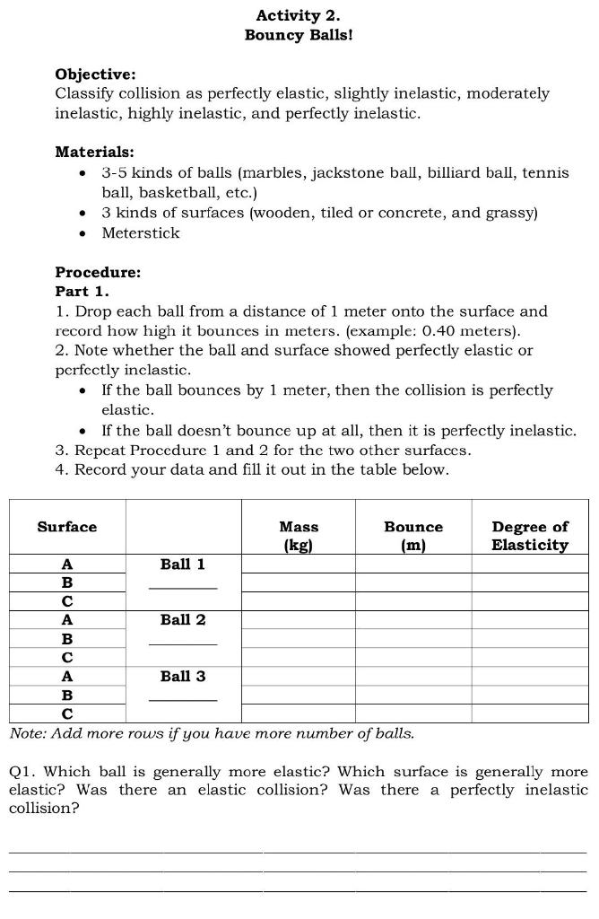 Solved Activity 2. Bouncy Balls! Objective: Classify | Chegg.com