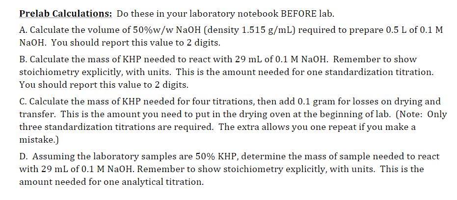Solved Prelab Calculations: Do these in your laboratory | Chegg.com