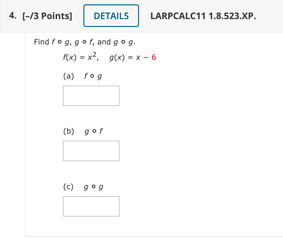 Solved 4. [-/3 Points] DETAILS LARPCALC11 1.8.523.XP. Find | Chegg.com