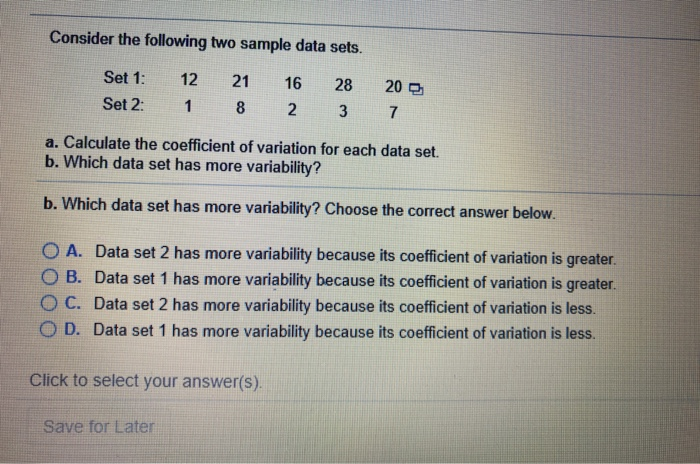 Solved Consider the following two sample data sets Set 1: 12 | Chegg.com