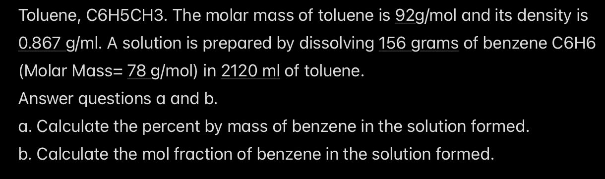 Solved Toluene, C6H5CH3. ﻿The molar mass of toluene is | Chegg.com