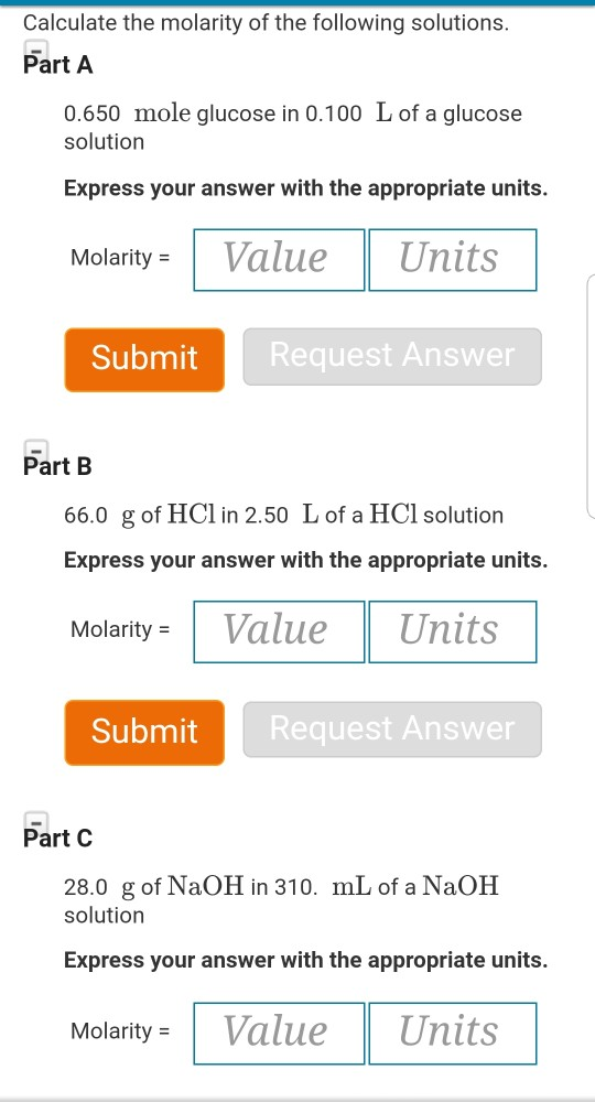 Solved Calculate the molarity of the following solutions | Chegg.com