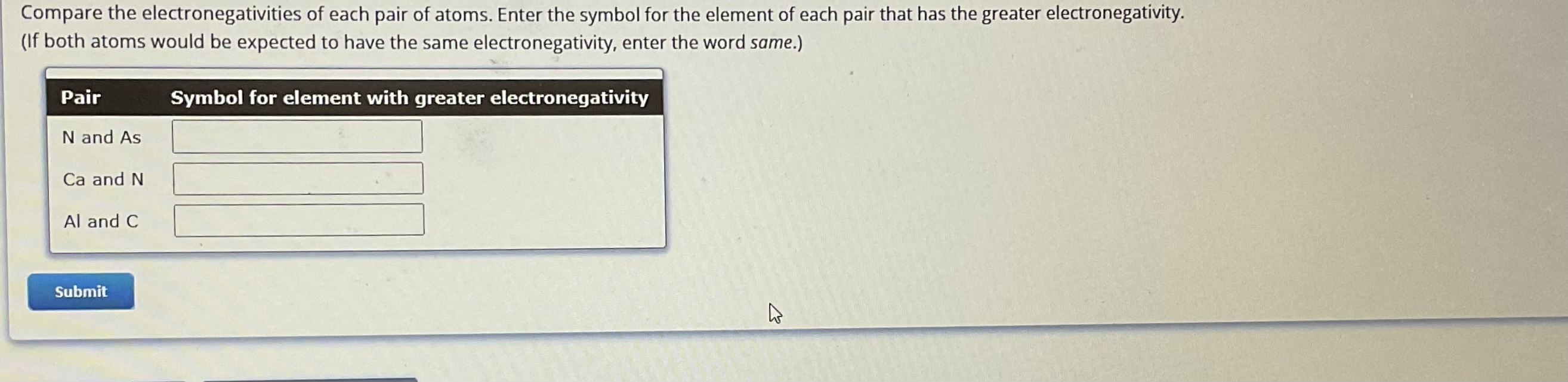 Solved Compare the electronegativities of each pair of | Chegg.com