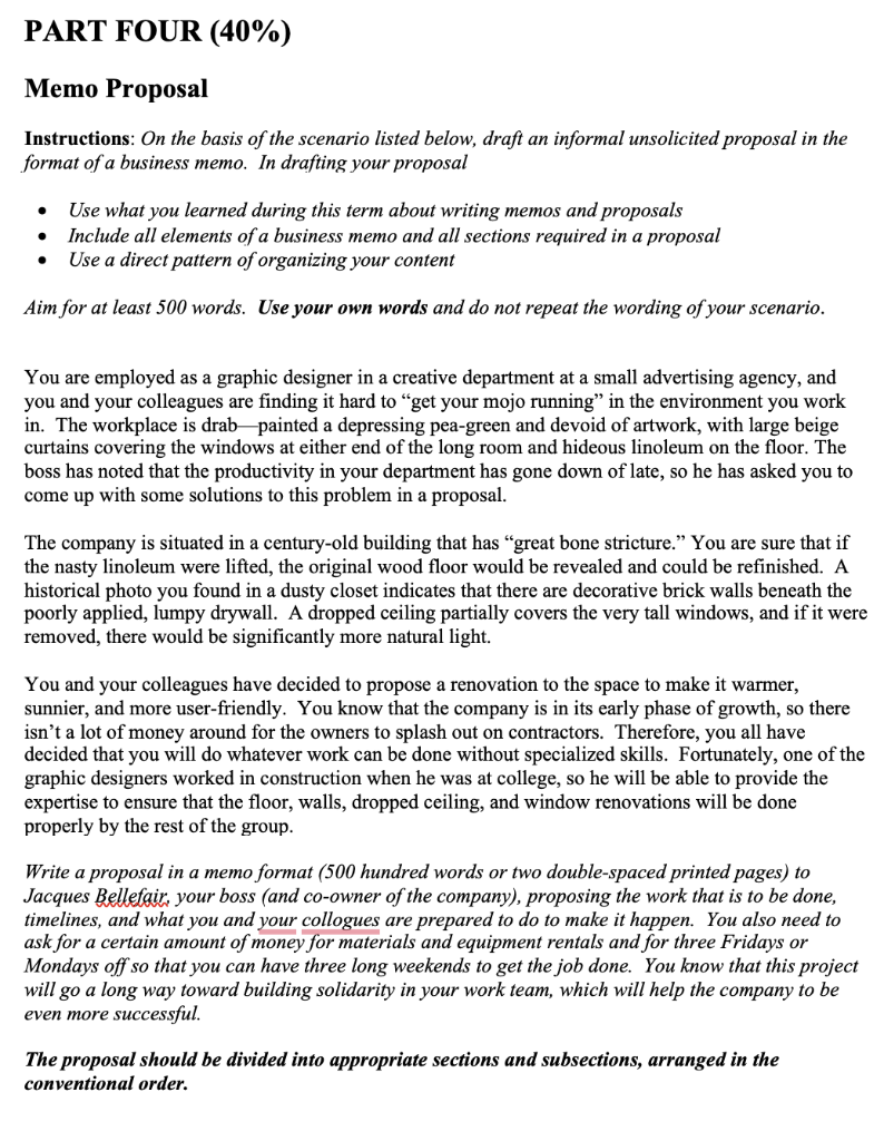 Solved PART FOUR (40%) Memo Proposal Instructions: On the | Chegg.com