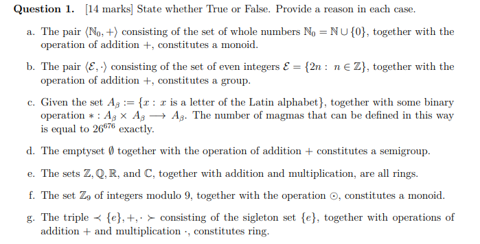 Solved Question 1. [14 marks] State whether True or False. | Chegg.com