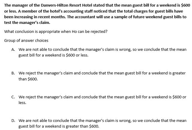 Solved The manager of the Danvers-Hilton Resort Hotel stated | Chegg.com