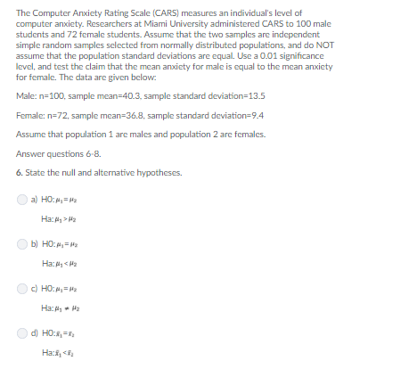 Solved The Computer Anxiety Rating Scale (CARS) measures an | Chegg.com