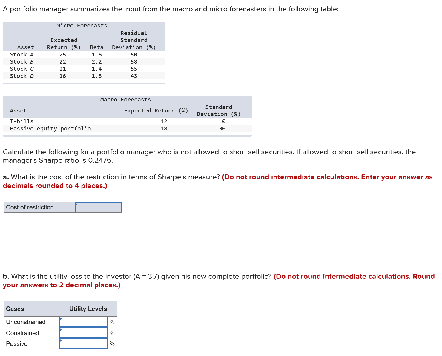 Solved A portfolio manager summarizes the input from the | Chegg.com