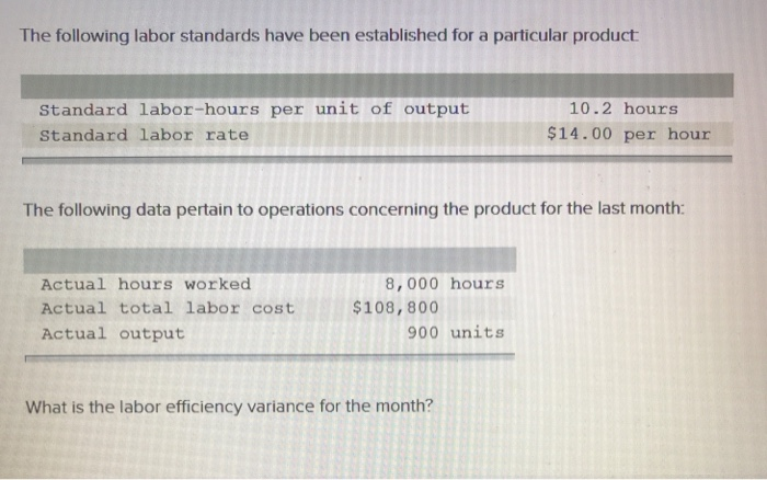Solved The following labor standards have been established | Chegg.com