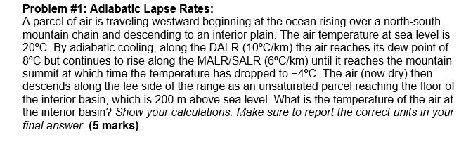 Solved Problem #1: Adiabatic Lapse Rates: A parcel of air is | Chegg.com