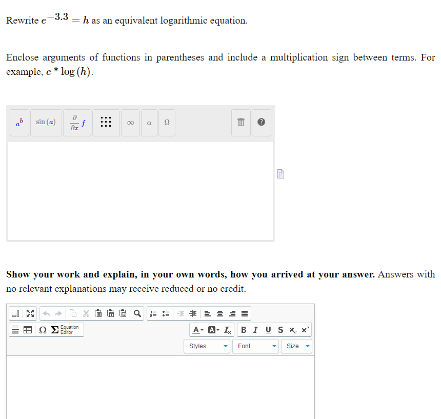 Solved Rewrite e-3.3 = h as an equivalent logarithmic | Chegg.com