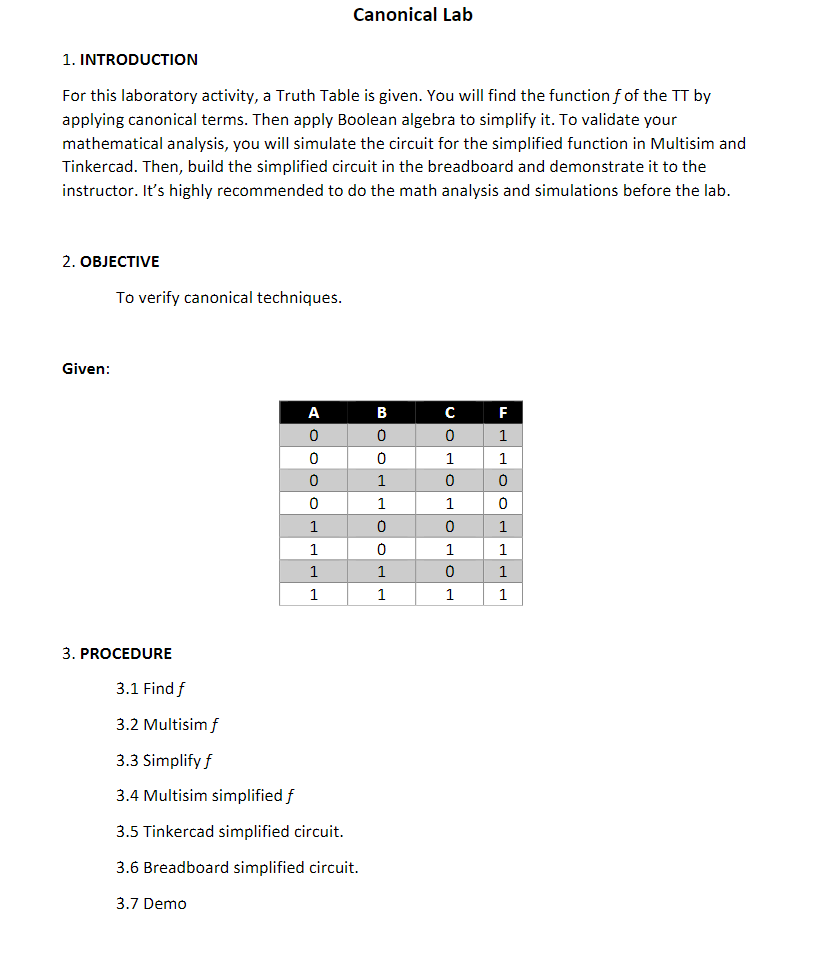 Solved 1. INTRODUCTION For this laboratory activity, a Truth | Chegg.com